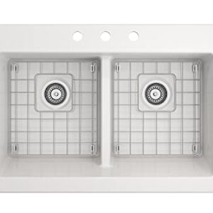 BOCCHI Nuova Apron Front Drop-In Fireclay 34 in. 50/50 Double Bowl Kitchen Sink with Protective Bottom Grids and Strainers in White