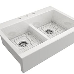 BOCCHI Nuova Apron Front Drop-In Fireclay 34 in. 50/50 Double Bowl Kitchen Sink with Protective Bottom Grids and Strainers in White