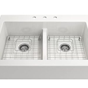 BOCCHI Nuova Apron Front Drop-In Fireclay 34 in. 50/50 Double Bowl Kitchen Sink with Protective Bottom Grids and Strainers in White