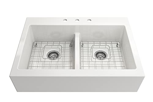 BOCCHI Nuova Apron Front Drop-In Fireclay 34 in. 50/50 Double Bowl Kitchen Sink with Protective Bottom Grids and Strainers in White