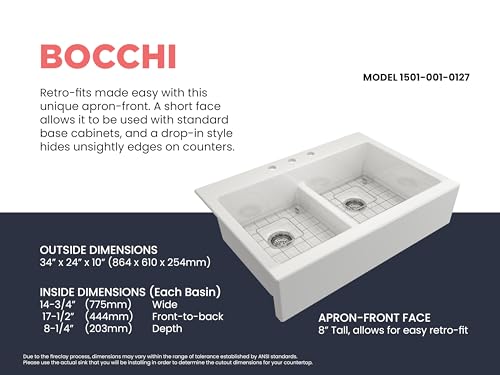 BOCCHI Nuova Apron Front Drop-In Fireclay 34 in. 50/50 Double Bowl Kitchen Sink with Protective Bottom Grids and Strainers in White