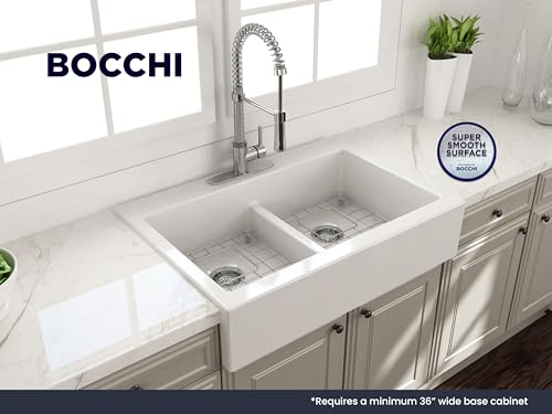 BOCCHI Nuova Apron Front Drop-In Fireclay 34 in. 50/50 Double Bowl Kitchen Sink with Protective Bottom Grids and Strainers in White