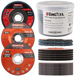 kingtool 27pcs angle grinder wheel set, grinder disc set includes 20pcs cutting wheel, 5pcs grinding wheel, 2pcs flap discs with 4-1/2" diameter and 7/8" arbor for steel and stainless cutting grinding