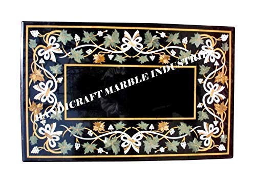 Pietra Dura Natural Black Marble 48" x 30" Inch Grapes Pattern Rectangle Dining Table Top, Black Marble Meeting Room Table Top, Piece of Conversation, Family Heirloom