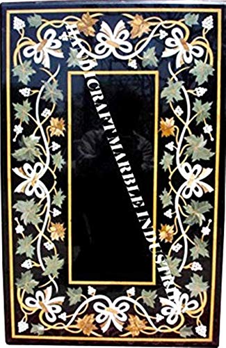 Pietra Dura Natural Black Marble 48" x 30" Inch Grapes Pattern Rectangle Dining Table Top, Black Marble Meeting Room Table Top, Piece of Conversation, Family Heirloom