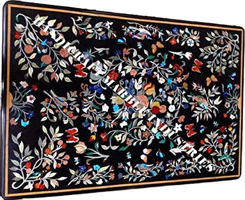 48" x 30" Inch Black Marble Dining Table Top Birds, Butterflies, Fruits and Flowers Marquetry Inlay Design Outdoor Decor, Indoor Decor Table