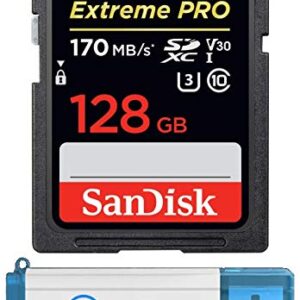 SanDisk Extreme Pro 128GB SDXC Card for Canon Camera Compatible with EOS M50 Mark II, EOS Ra Class 10 UHS-1 (SDSDXXY-128G-GN4IN) Bundle with (1) Everything But Stromboli 3.0 SD Memory Card Reader