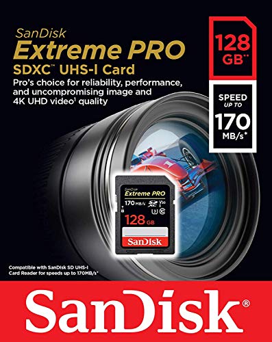 SanDisk Extreme Pro 128GB SDXC Card for Canon Camera Compatible with EOS M50 Mark II, EOS Ra Class 10 UHS-1 (SDSDXXY-128G-GN4IN) Bundle with (1) Everything But Stromboli 3.0 SD Memory Card Reader