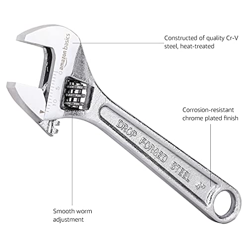 Amazon Basics Adjustable Wrench with Inch/Metric Scale, Chrome-Plated, 4-Inch (100mm)