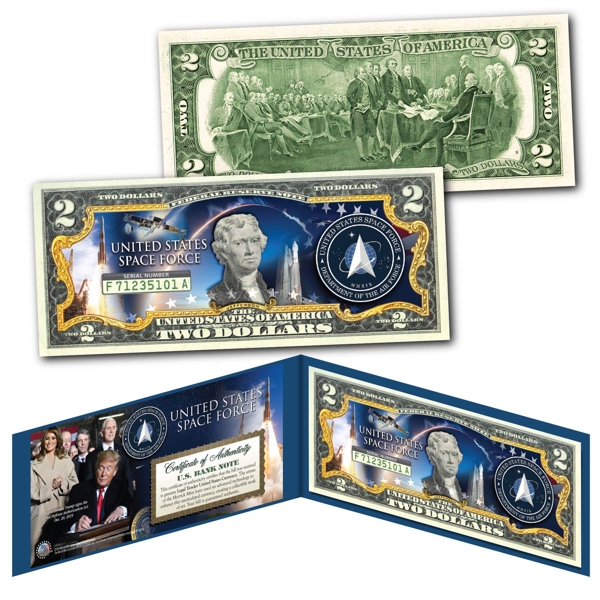 United States Space Force USSF 6th Military Branch Authentic Two-Dollar Collectible Bill with Certificate in Display Folio