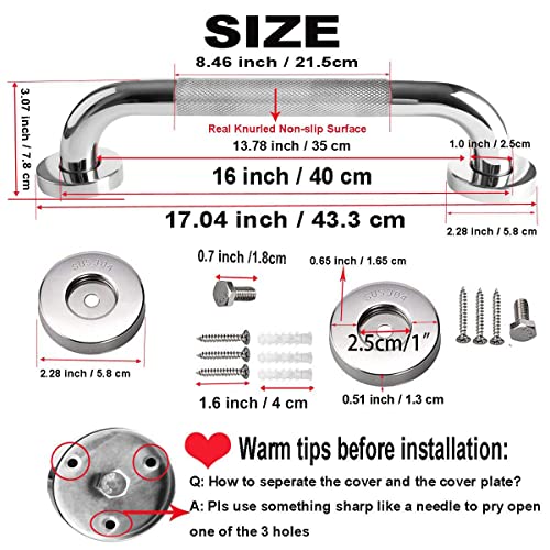 16 Inch Anti Slip Shower Grab Bar Handle, ZUEXT Chrome Finish Stainless Steel Bathroom Grab Bar, Knurled Bathroom Balance Bar,Safety Hand Rail Support,Handicap Elderly Injury Senior Assist Bath Handle