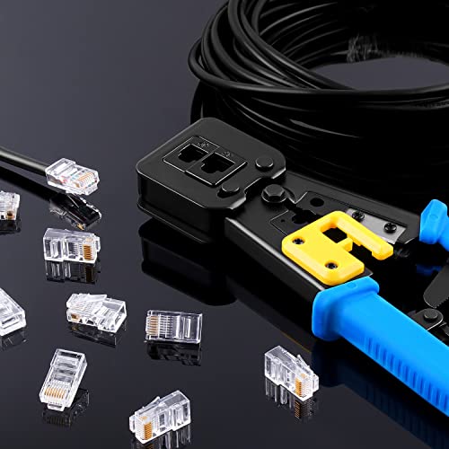 Delgada RJ45 Pass Through Crimp Tool Kit - Ethernet Crimping Tool with 50 Cat5/Cat5e/Cat6 Connectors, Network Cable Tester, and Wire Stripper for RJ45/RJ12 Regular