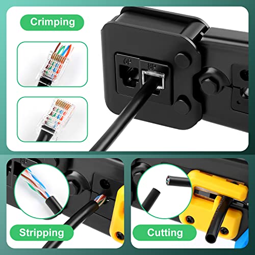 Delgada RJ45 Pass Through Crimp Tool Kit - Ethernet Crimping Tool with 50 Cat5/Cat5e/Cat6 Connectors, Network Cable Tester, and Wire Stripper for RJ45/RJ12 Regular