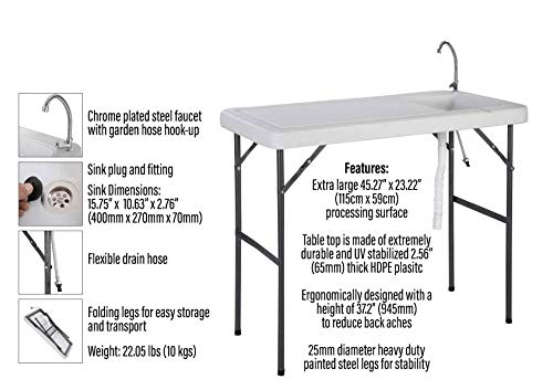 Stromberg's Outdoor Folding Fish and Game Cleaning Table with Sink Portable & Durable Upgraded Drainage Hose, Stainless Steel Faucet, White