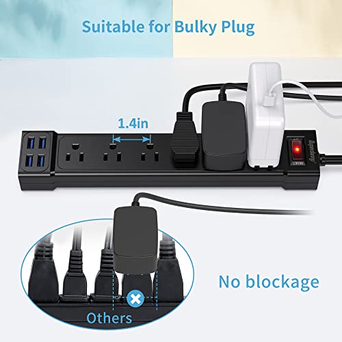 Power Strip with 4 USB Ports, SUPERDANNY 6 Outlets Surge Protector, 4 Ft Extension Cord Flat Plug, 900Joules, Wall Mount Outlet Extender for Home/Office/Dorm Essentials, Black