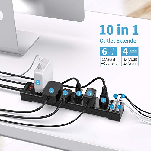 Power Strip with 4 USB Ports, SUPERDANNY 6 Outlets Surge Protector, 4 Ft Extension Cord Flat Plug, 900Joules, Wall Mount Outlet Extender for Home/Office/Dorm Essentials, Black