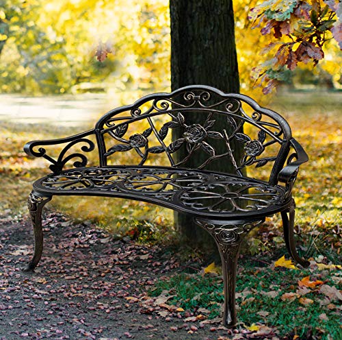 Outrora Garden Bench, Metal Park Bench Cast-Aluminum Outdoor Benches Front Porch Outdoor Furniture with Floral Rose for Patio, Park, Lawn, Yard（Copper）