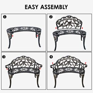 Outrora Garden Bench, Metal Park Bench Cast-Aluminum Outdoor Benches Front Porch Outdoor Furniture with Floral Rose for Patio, Park, Lawn, Yard（Copper）