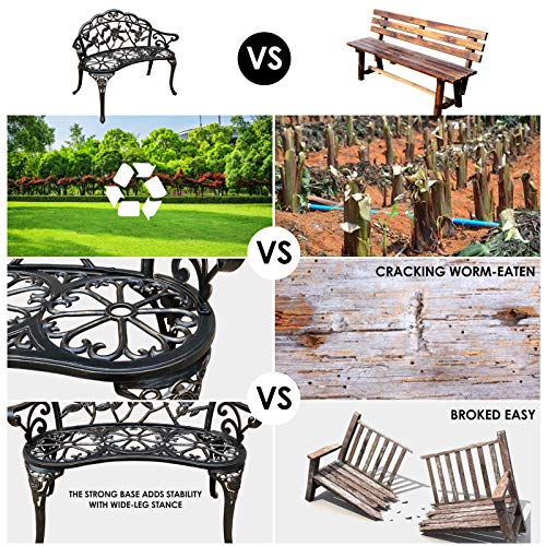 Outrora Garden Bench, Metal Park Bench Cast-Aluminum Outdoor Benches Front Porch Outdoor Furniture with Floral Rose for Patio, Park, Lawn, Yard（Copper）