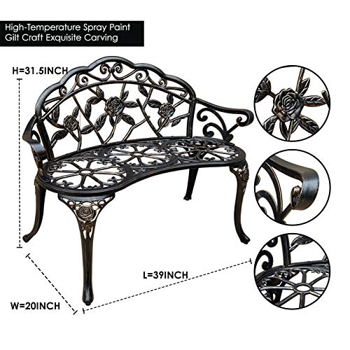 Outrora Garden Bench, Metal Park Bench Cast-Aluminum Outdoor Benches Front Porch Outdoor Furniture with Floral Rose for Patio, Park, Lawn, Yard（Copper）