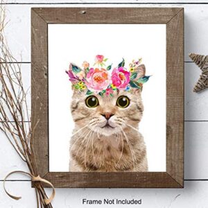 Tabby Cat Wall Decor - Cute Floral Wall Art, Room Decoration for Girls Bedroom, Kids Room, Living Room, Nursery - Gift for Kitty, Pussycat, Kitten, Cat Lovers, Women - Adorable Pink Girly Print