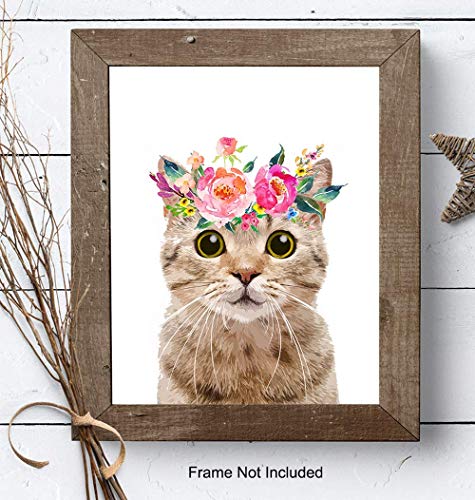 Tabby Cat Wall Decor - Cute Floral Wall Art, Room Decoration for Girls Bedroom, Kids Room, Living Room, Nursery - Gift for Kitty, Pussycat, Kitten, Cat Lovers, Women - Adorable Pink Girly Print