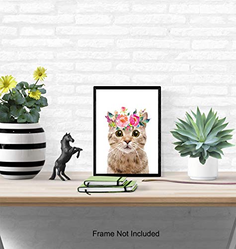 Tabby Cat Wall Decor - Cute Floral Wall Art, Room Decoration for Girls Bedroom, Kids Room, Living Room, Nursery - Gift for Kitty, Pussycat, Kitten, Cat Lovers, Women - Adorable Pink Girly Print