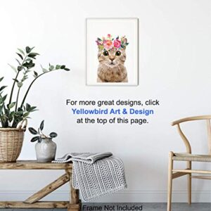 Tabby Cat Wall Decor - Cute Floral Wall Art, Room Decoration for Girls Bedroom, Kids Room, Living Room, Nursery - Gift for Kitty, Pussycat, Kitten, Cat Lovers, Women - Adorable Pink Girly Print