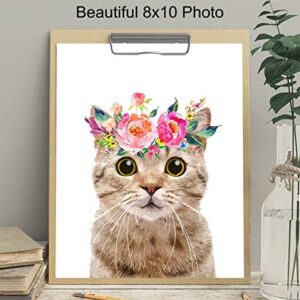 Tabby Cat Wall Decor - Cute Floral Wall Art, Room Decoration for Girls Bedroom, Kids Room, Living Room, Nursery - Gift for Kitty, Pussycat, Kitten, Cat Lovers, Women - Adorable Pink Girly Print