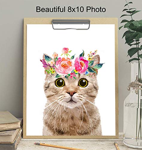 Tabby Cat Wall Decor - Cute Floral Wall Art, Room Decoration for Girls Bedroom, Kids Room, Living Room, Nursery - Gift for Kitty, Pussycat, Kitten, Cat Lovers, Women - Adorable Pink Girly Print