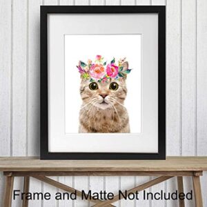 Tabby Cat Wall Decor - Cute Floral Wall Art, Room Decoration for Girls Bedroom, Kids Room, Living Room, Nursery - Gift for Kitty, Pussycat, Kitten, Cat Lovers, Women - Adorable Pink Girly Print