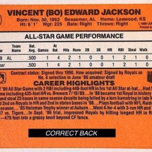 SPORTS MEMORABILIA Bo Jackson 1990 Donruss All-star #650 Error Card (recent Major League On Back) - Unsigned Football Cards