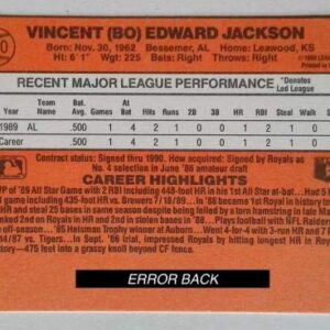 SPORTS MEMORABILIA Bo Jackson 1990 Donruss All-star #650 Error Card (recent Major League On Back) - Unsigned Football Cards