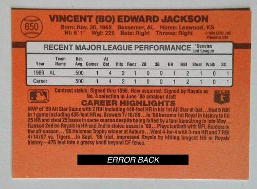 SPORTS MEMORABILIA Bo Jackson 1990 Donruss All-star #650 Error Card (recent Major League On Back) - Unsigned Football Cards