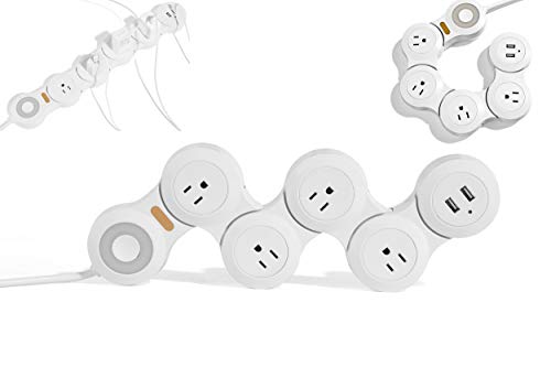 Flexible Surge Protector Power Strip, 6 Feet Long Cord 4 Outlets 2 USB （10V/13amp Flat Plug） with Overload Protection Extension Cord,Suitable for Home Office Travel,White