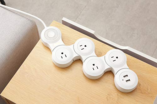 Flexible Surge Protector Power Strip, 6 Feet Long Cord 4 Outlets 2 USB （10V/13amp Flat Plug） with Overload Protection Extension Cord,Suitable for Home Office Travel,White