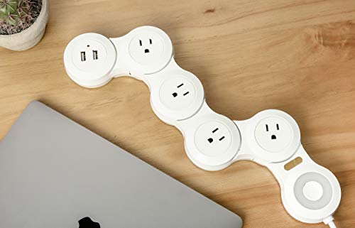 Flexible Surge Protector Power Strip, 6 Feet Long Cord 4 Outlets 2 USB （10V/13amp Flat Plug） with Overload Protection Extension Cord,Suitable for Home Office Travel,White