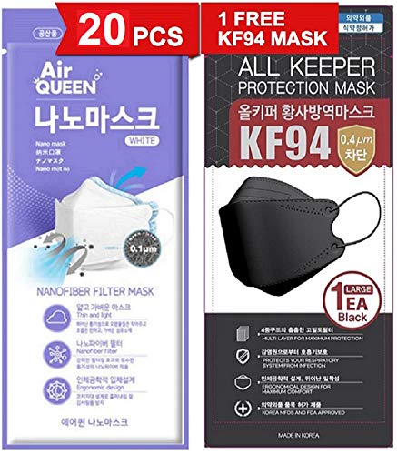 [20 Pack] [Air Queen] White 3-Layers Face Safety Mask for Adult + 1 [Black] All Keeper KF94 Mask [Individually Packaged] [Both Made in KOREA]