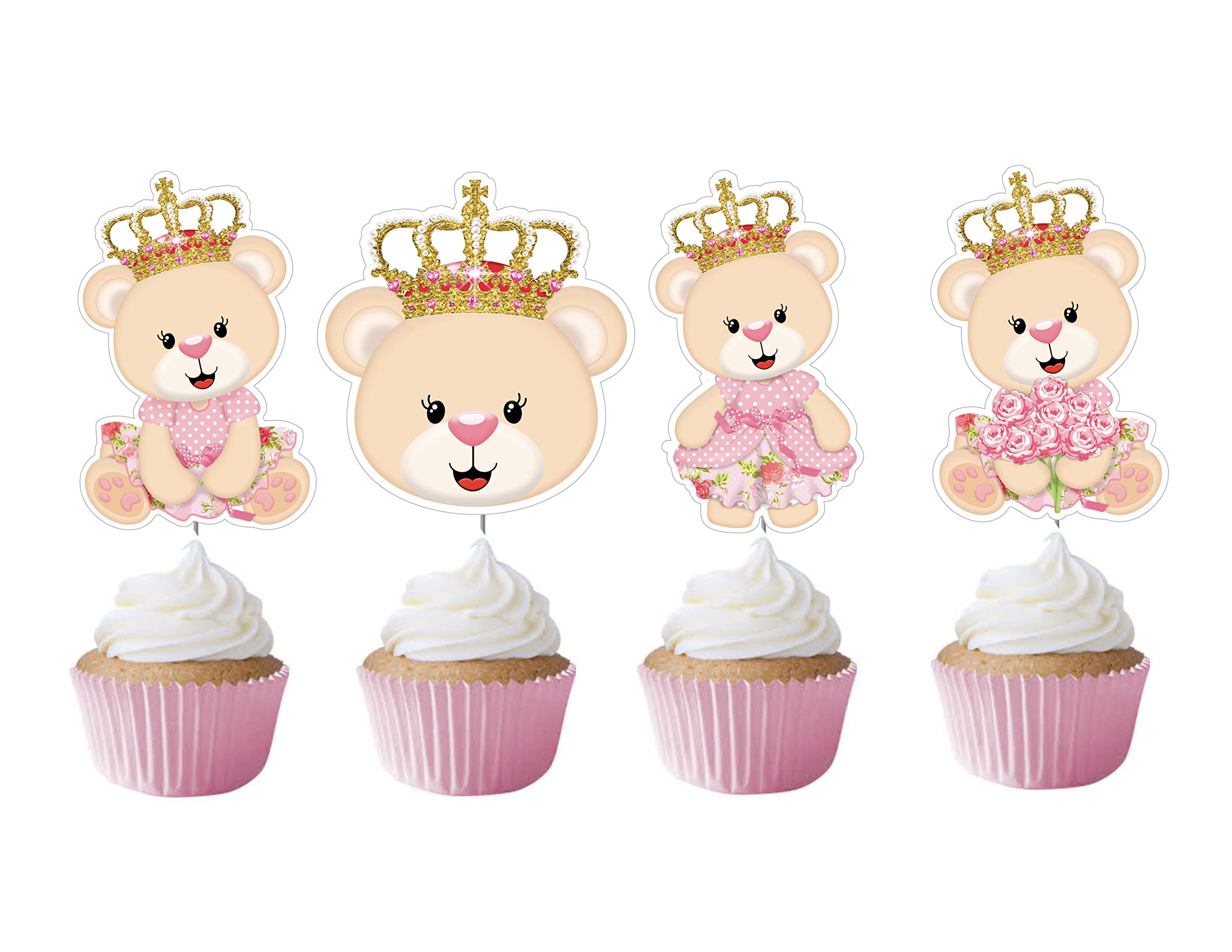 Princess Bear Cupcake Toppers 12 PCS for Birthday Party, Girl Bear Cake Picks, Gold and Pink Baby Shower Themed, Little Party Decorations Supplies, Rings