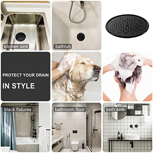 304 Stainless Steel Hair Catcher Shower Drain Cover with Silicone, Shower Stall Drain Strainer, Bathtub Hair Stopper, Bathroom Hair Trap Floor Drain Protector, Matte Black 4.33 Inches Round Flat