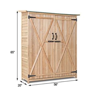 Safstar Outdoor Storage Shed with Lockable Door, Wooden Tool Storage Shed w/Detachable Shelves & Pitch Roof, Garden Storage Cabinet for Backyard Patio Deck Porch, 56”L x 20”W x 65”H, Natural