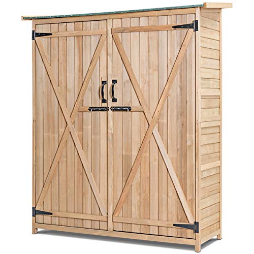 Safstar Outdoor Storage Shed with Lockable Door, Wooden Tool Storage Shed w/Detachable Shelves & Pitch Roof, Garden Storage Cabinet for Backyard Patio Deck Porch, 56”L x 20”W x 65”H, Natural