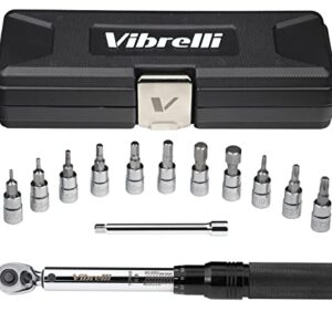 Vibrelli Bike Torque Wrench Set - 1/4 Inch Drive - 2 to 20nm, 0.1 Nm Micro - Essential MTB & Bicycle Torque Wrench Tools. Hex/Allen 2-10, Torx 10-30, 100mm Extension Socket, Storage Case