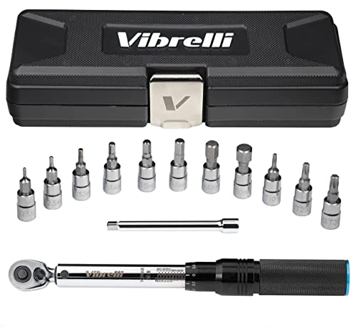 Vibrelli Bike Torque Wrench Set - 1/4 Inch Drive - 2 to 20nm, 0.1 Nm Micro - Essential MTB & Bicycle Torque Wrench Tools. Hex/Allen 2-10, Torx 10-30, 100mm Extension Socket, Storage Case