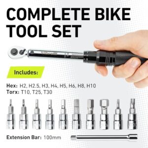 Vibrelli Bike Torque Wrench Set - 1/4 Inch Drive - 2 to 20nm, 0.1 Nm Micro - Essential MTB & Bicycle Torque Wrench Tools. Hex/Allen 2-10, Torx 10-30, 100mm Extension Socket, Storage Case