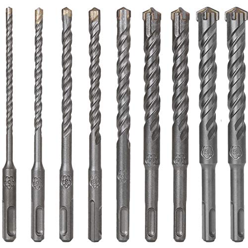 3/16" - 5/8" Masonry Drill Bit Set, 9Pcs 3/8 Inch SDS Plus Bit Rotary Hammer Drill Bits Set Carbon Steel Carbide Tip Concrete Drill Bit Set for Brick, Stone, Block, Concrete