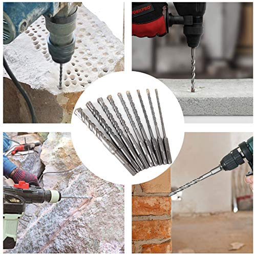 3/16" - 5/8" Masonry Drill Bit Set, 9Pcs 3/8 Inch SDS Plus Bit Rotary Hammer Drill Bits Set Carbon Steel Carbide Tip Concrete Drill Bit Set for Brick, Stone, Block, Concrete