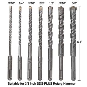 3/16" - 5/8" Masonry Drill Bit Set, 9Pcs 3/8 Inch SDS Plus Bit Rotary Hammer Drill Bits Set Carbon Steel Carbide Tip Concrete Drill Bit Set for Brick, Stone, Block, Concrete