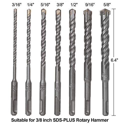 3/16" - 5/8" Masonry Drill Bit Set, 9Pcs 3/8 Inch SDS Plus Bit Rotary Hammer Drill Bits Set Carbon Steel Carbide Tip Concrete Drill Bit Set for Brick, Stone, Block, Concrete