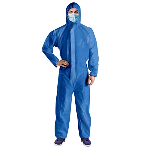 AMZ Disposable Coveralls with Hood, Medium Size. Pack of 5 Blue Hazmat Suits with Front Zip, Elastic Wrists and Ankles. 50 GSM SMS Lab Coveralls. Hazmat Costume Adult. Waterproof Painting Coveralls